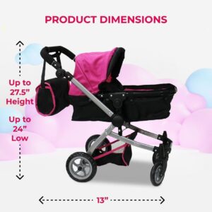 Mommy & Me Babyboo Doll Pram Foldable Doll Stroller with Basket, Convertible Seat, Adjustable Handle, Swiveling Wheels, and Free Carriage Bag (Multi Function) - Hot Pink