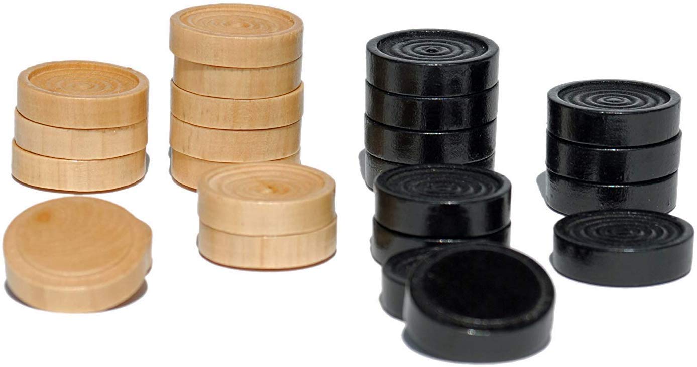 WE Games Checkers Pieces Only, Wooden Checker Board Game Pieces, 24 Black and Natural Stackable Player Pieces with a Drawstring Storage Bag, 1.062 Inch Diameter Carved Versatile Game Pieces