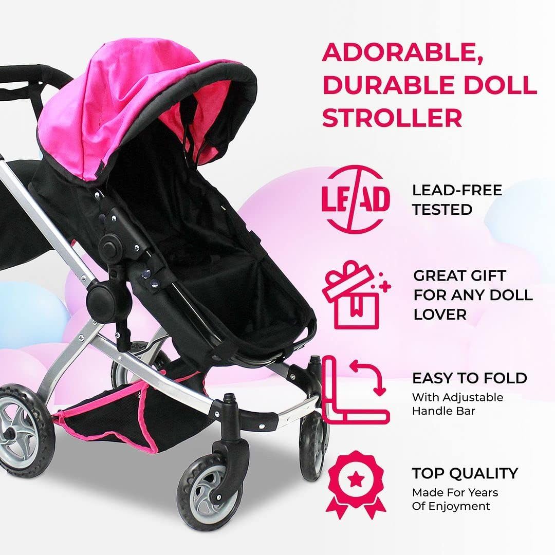 Mommy & Me Babyboo Doll Pram Foldable Doll Stroller with Basket, Convertible Seat, Adjustable Handle, Swiveling Wheels, and Free Carriage Bag (Multi Function) - Hot Pink