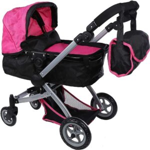 mommy & me babyboo doll pram foldable doll stroller with basket, convertible seat, adjustable handle, swiveling wheels, and free carriage bag (multi function) - hot pink