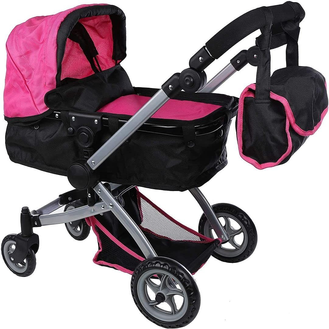 Mommy & Me Babyboo Doll Pram Foldable Doll Stroller with Basket, Convertible Seat, Adjustable Handle, Swiveling Wheels, and Free Carriage Bag (Multi Function) - Hot Pink