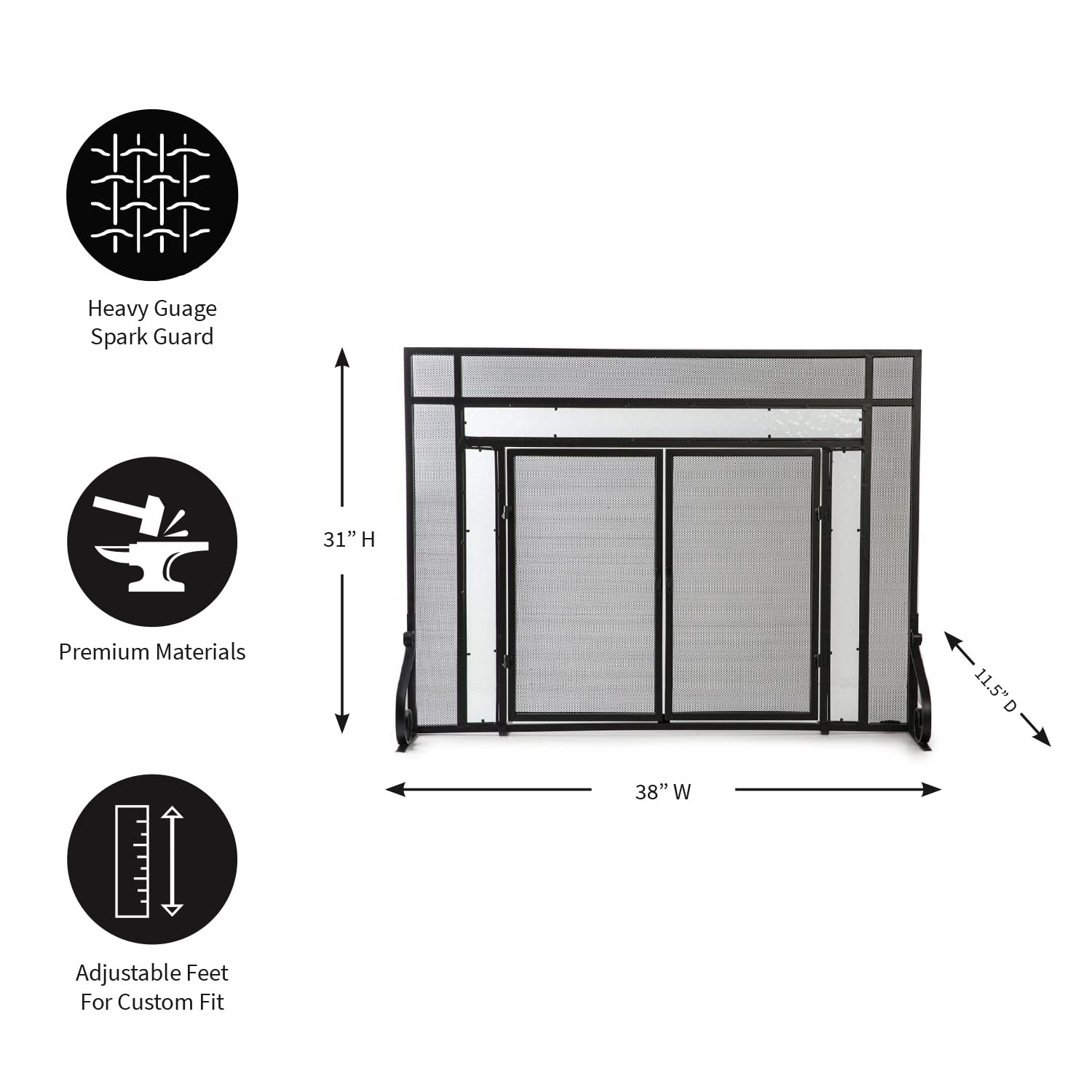 Plow & Hearth Metal Fireplace Screen Glass Flatguard Black | 38" W x 31" H | 2 - Door | Spark Guard Indoor Grate | Iron Fire Place Cover | Wood Burning Stove Decorative Accessories