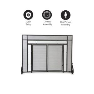 Plow & Hearth Metal Fireplace Screen Glass Flatguard Black | 38" W x 31" H | 2 - Door | Spark Guard Indoor Grate | Iron Fire Place Cover | Wood Burning Stove Decorative Accessories