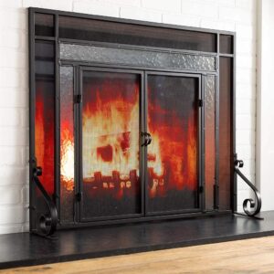 Plow & Hearth Metal Fireplace Screen Glass Flatguard Black | 38" W x 31" H | 2 - Door | Spark Guard Indoor Grate | Iron Fire Place Cover | Wood Burning Stove Decorative Accessories