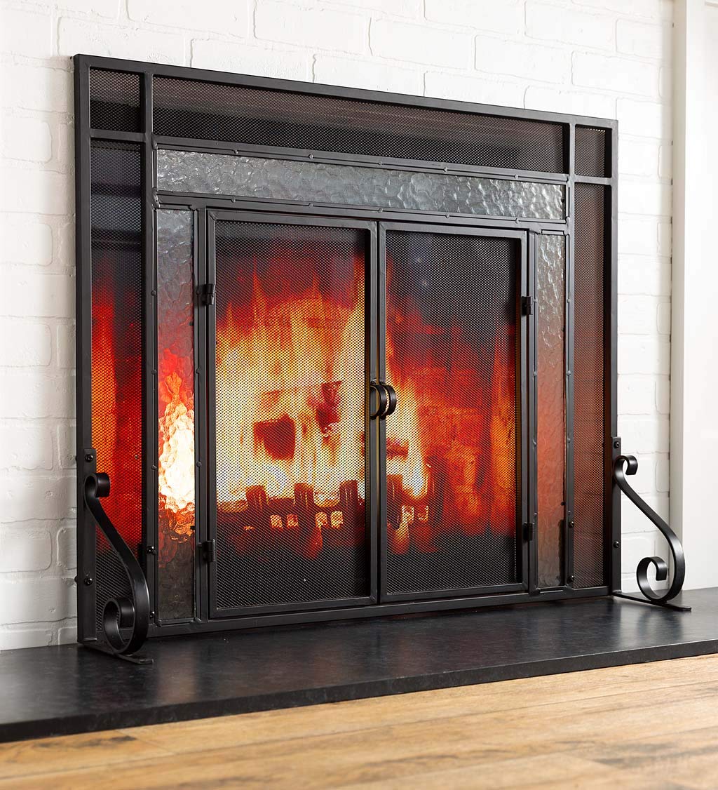 Plow & Hearth Metal Fireplace Screen Glass Flatguard Black | 38" W x 31" H | 2 - Door | Spark Guard Indoor Grate | Iron Fire Place Cover | Wood Burning Stove Decorative Accessories