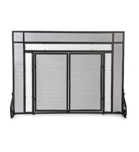 plow & hearth metal fireplace screen glass flatguard black | 38" w x 31" h | 2 - door | spark guard indoor grate | iron fire place cover | wood burning stove decorative accessories