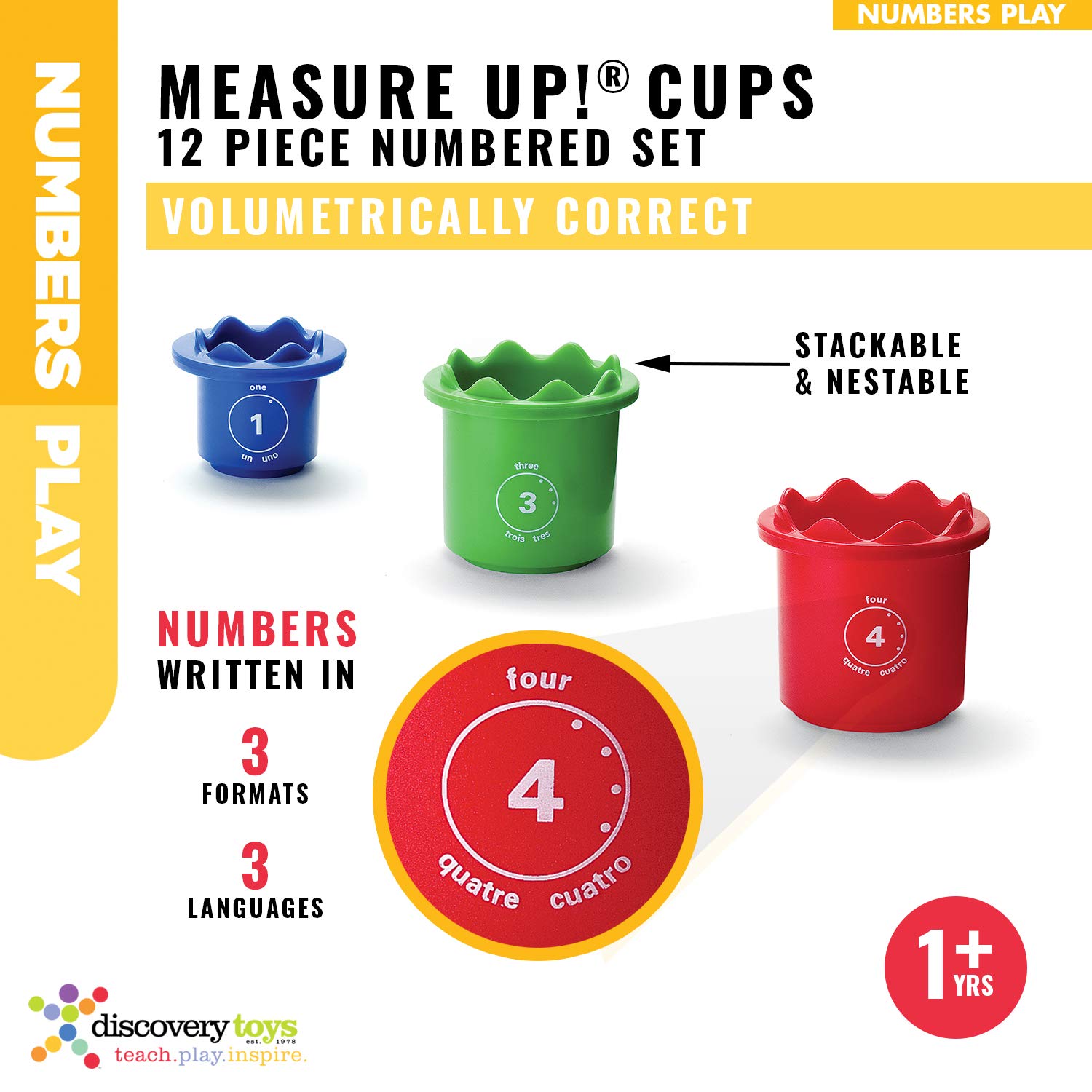 Discovery Toys Measure UP! Cups | Educational Stacking & Nesting 12 Piece Numbered Set| Kid-Powered Learning | STEM Toy Early Math Childhood Development 12 Months and Up