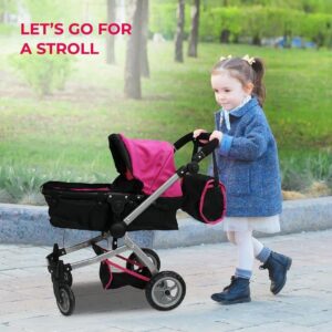 Mommy & Me Babyboo Doll Pram Foldable Doll Stroller with Basket, Convertible Seat, Adjustable Handle, Swiveling Wheels, and Free Carriage Bag (Multi Function) - Hot Pink