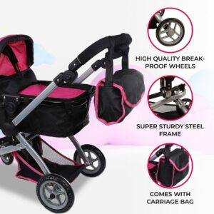 Mommy & Me Babyboo Doll Pram Foldable Doll Stroller with Basket, Convertible Seat, Adjustable Handle, Swiveling Wheels, and Free Carriage Bag (Multi Function) - Hot Pink