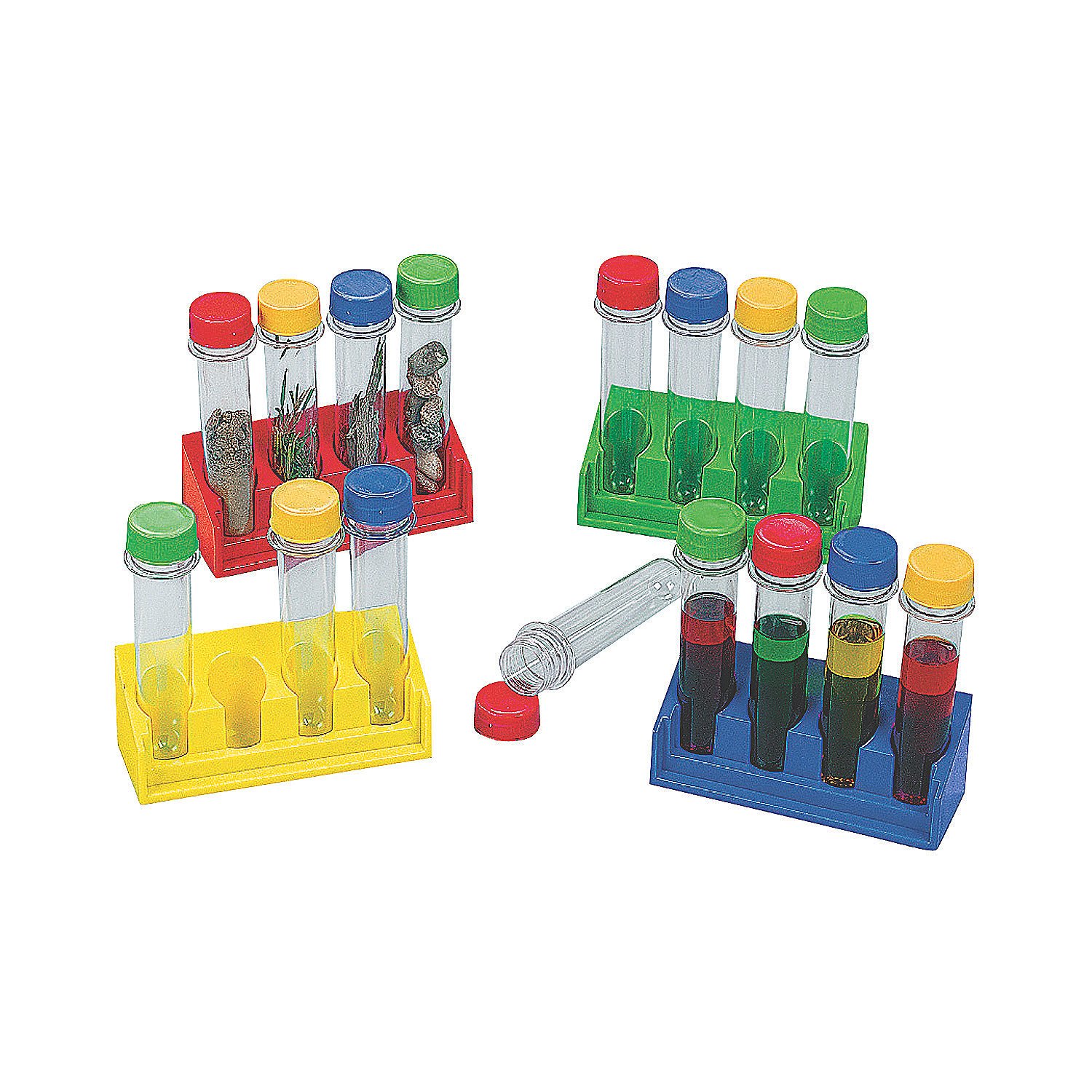 Kids Test Tubes with Stand - Scinece Kit Includes 16 Plastic Test Tubes with caps and 4 Trays - Science Classroom Supplies