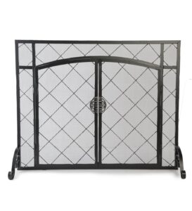 plow & hearth metal fireplace screen celtic knot pewter | 44" w x 33" h | flatguard | spark guard indoor grate | iron fire place cover | wood burning stove decorative accessories