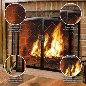 Plow & Hearth Metal Fireplace Screen Celtic Knot Pewter | 44" W x 33" H | Flatguard | Spark Guard Indoor Grate | Iron Fire Place Cover | Wood Burning Stove Decorative Accessories