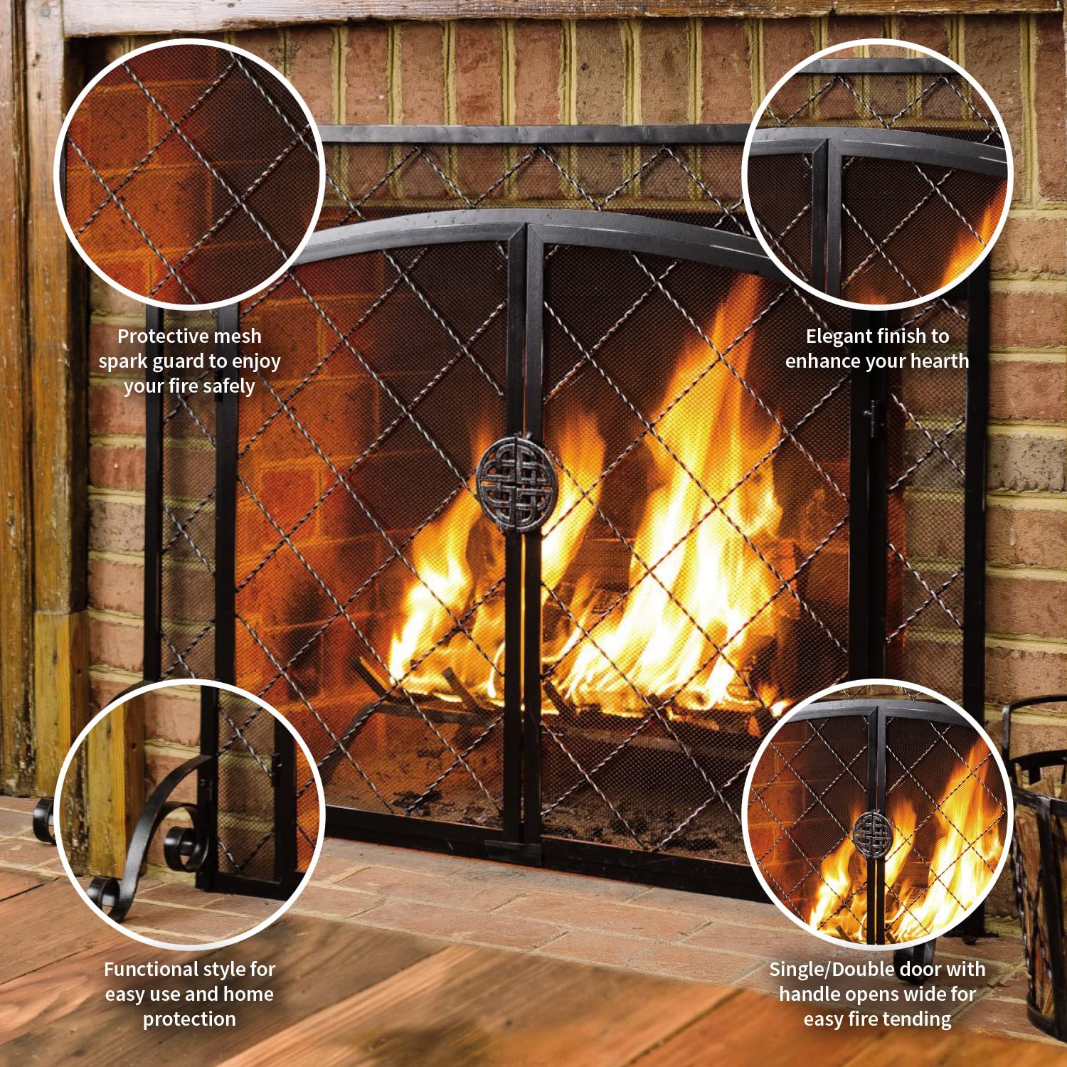 Plow & Hearth Metal Fireplace Screen Celtic Knot Pewter | 44" W x 33" H | Flatguard | Spark Guard Indoor Grate | Iron Fire Place Cover | Wood Burning Stove Decorative Accessories