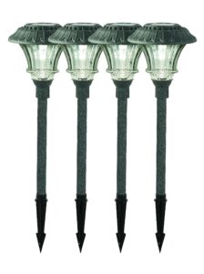 set of 4 solar garden path lights – glass and powder coated cast aluminum metal – 6 bright led’s per light - 35 lumens output per led – easy no wire installation - outdoor all weather, pewter