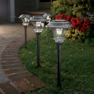 Set of 4 Solar Garden Path Lights – Glass and Powder Coated Cast Aluminum Metal – 6 Bright LED’s per Light - 35 Lumens Output per LED – Easy No Wire Installation - Outdoor All Weather, Pewter