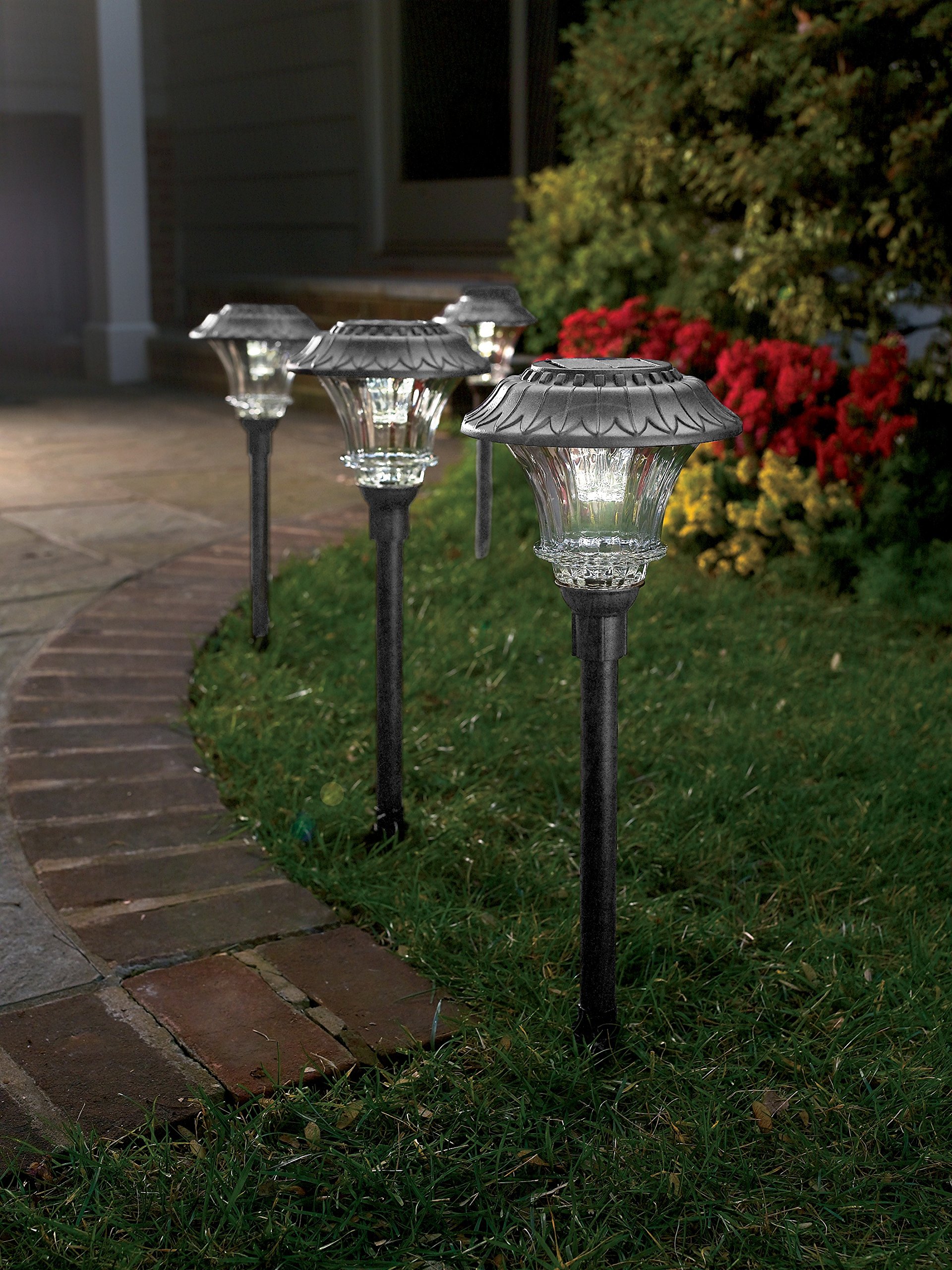 Set of 4 Solar Garden Path Lights – Glass and Powder Coated Cast Aluminum Metal – 6 Bright LED’s per Light - 35 Lumens Output per LED – Easy No Wire Installation - Outdoor All Weather, Pewter