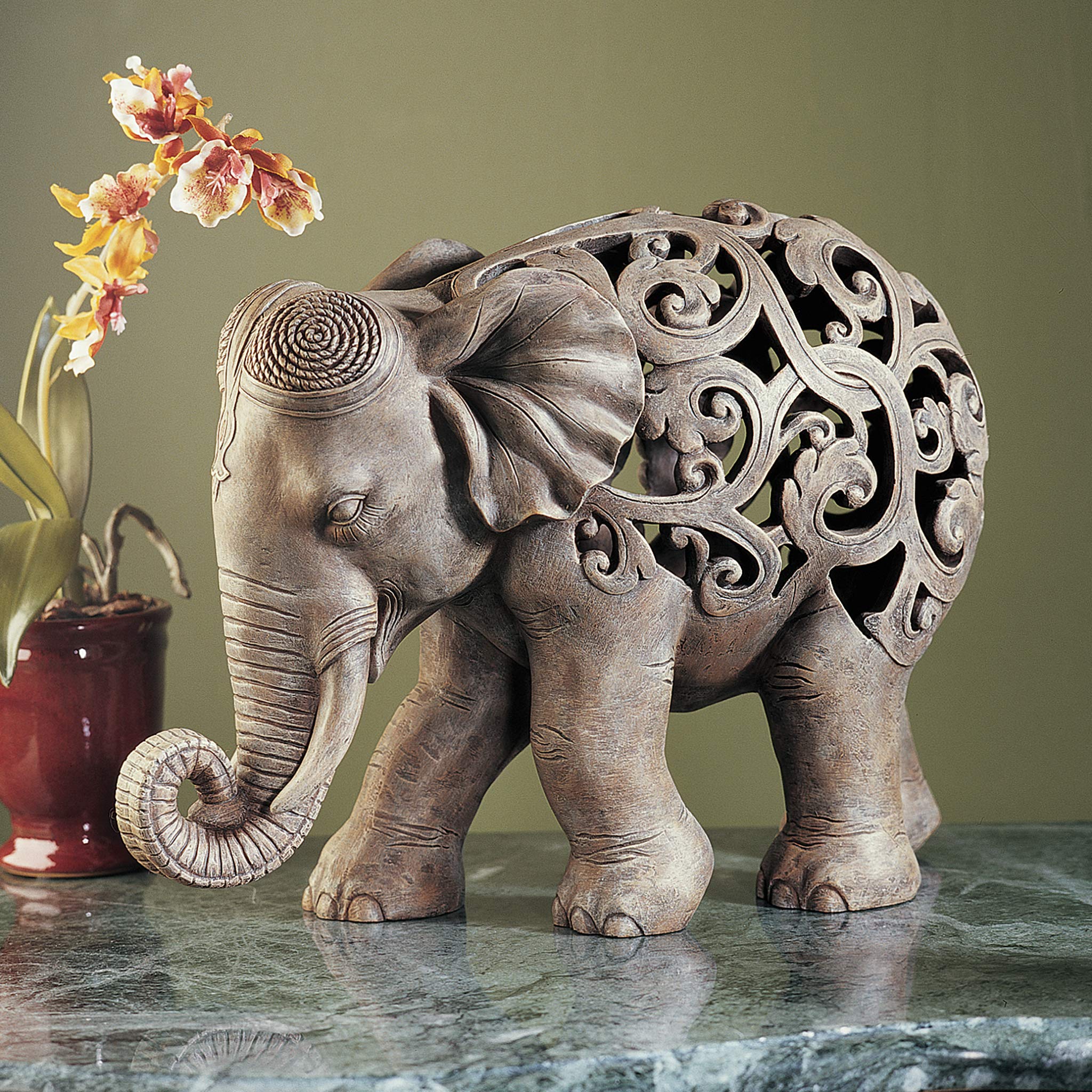 Design Toscano Anjan The Elephant Indian Decor Jali Animal Statue, 12 Inch, Brown Stone