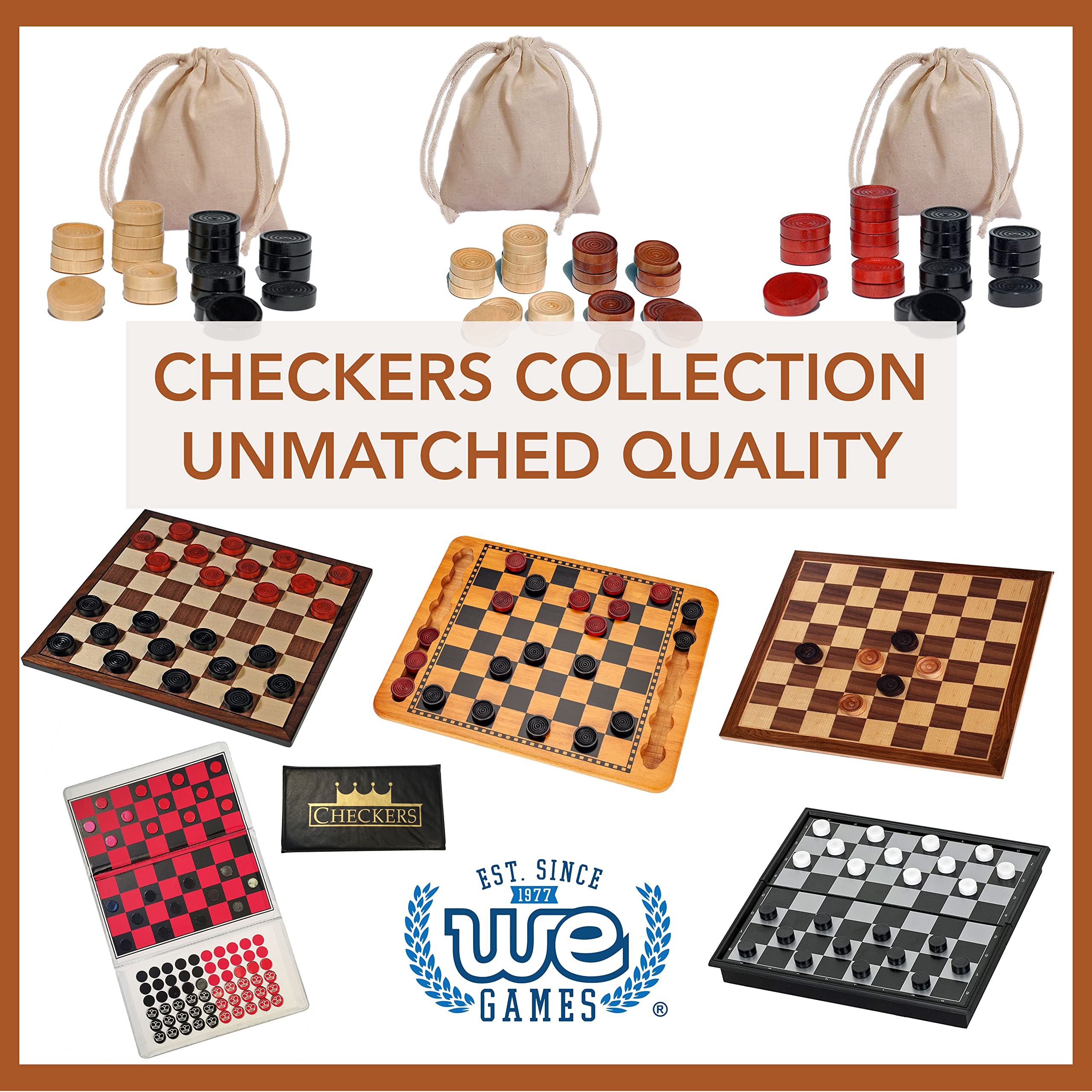 WE Games Checkers Pieces Only, Wooden Checker Board Game Pieces, 24 Black and Natural Stackable Player Pieces with a Drawstring Storage Bag, 1.062 Inch Diameter Carved Versatile Game Pieces