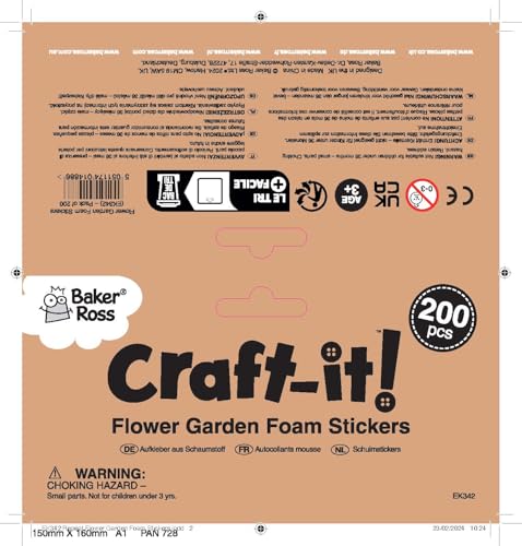 Baker Ross EK342 Self Adhesive Flower Garden Foam Stickers - Pack of 200, for Kids to Decorate Collage, Cards & Craft, 0.8cm-8.5cm, Assorted (EK342)