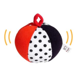 genius baby toys soft plush ball for baby in high contrast colors black, white, red - jingle bell chime sound - 4" diameter is perfect size for small hands