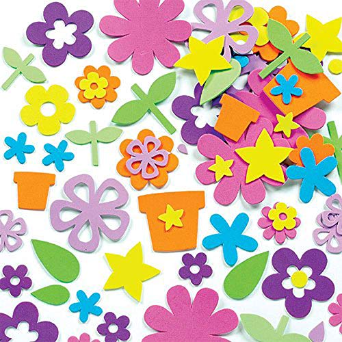 Baker Ross EK342 Self Adhesive Flower Garden Foam Stickers - Pack of 200, for Kids to Decorate Collage, Cards & Craft, 0.8cm-8.5cm, Assorted (EK342)