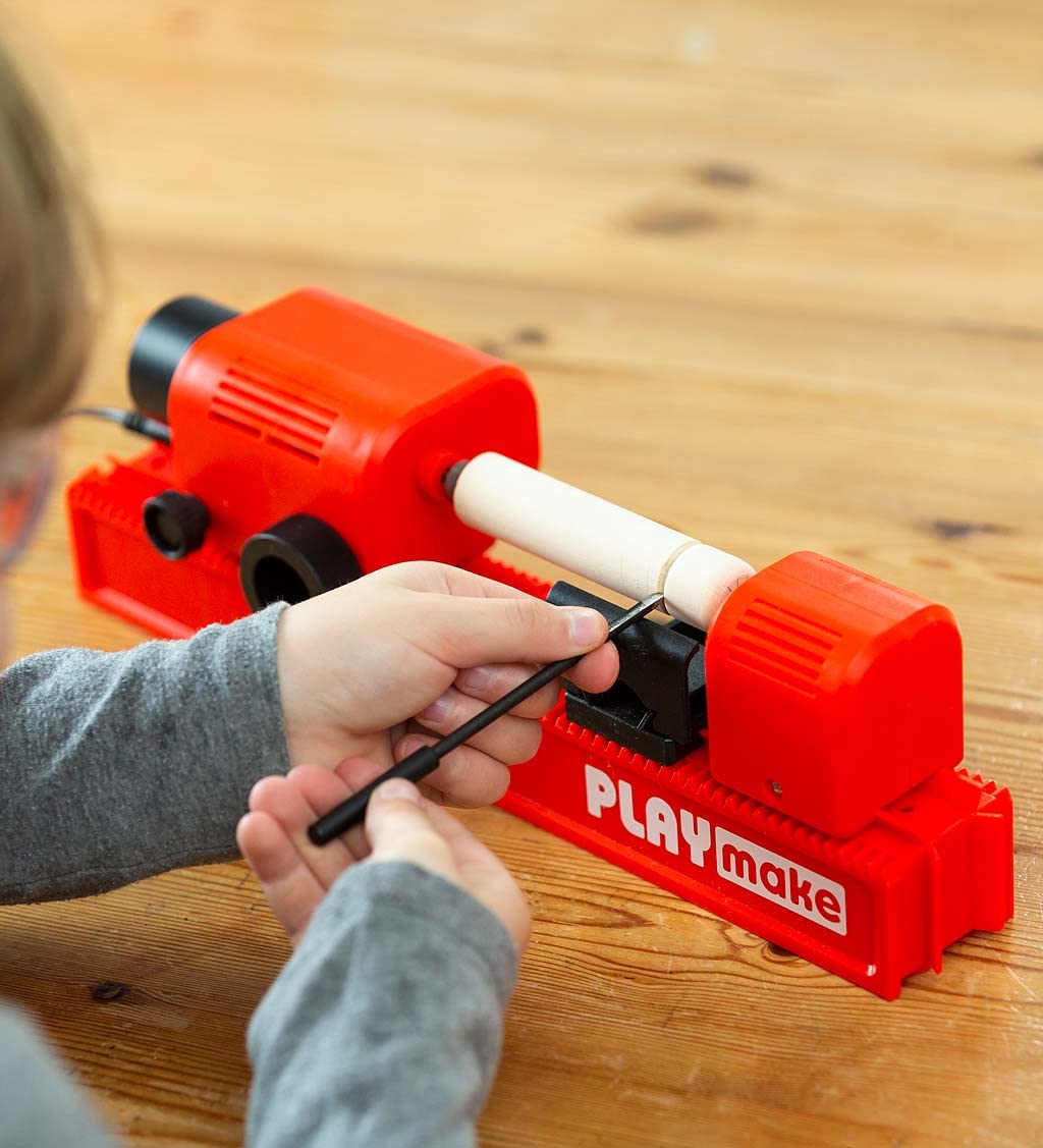 PLAYmake Kids’ 4-in-1 Woodshop Carpentry Cool Tool with Jigsaw, Lathe, Drill Press, Sander, Power Supply, Safety Goggles, Extra Supplies, and Deluxe Project Book