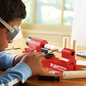 PLAYmake Kids’ 4-in-1 Woodshop Carpentry Cool Tool with Jigsaw, Lathe, Drill Press, Sander, Power Supply, Safety Goggles, Extra Supplies, and Deluxe Project Book