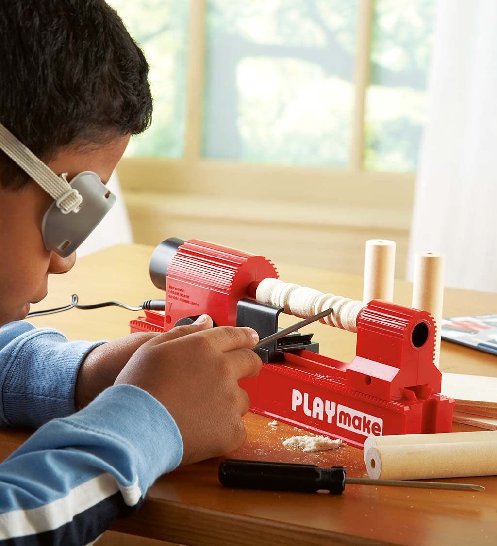 PLAYmake Kids’ 4-in-1 Woodshop Carpentry Cool Tool with Jigsaw, Lathe, Drill Press, Sander, Power Supply, Safety Goggles, Extra Supplies, and Deluxe Project Book