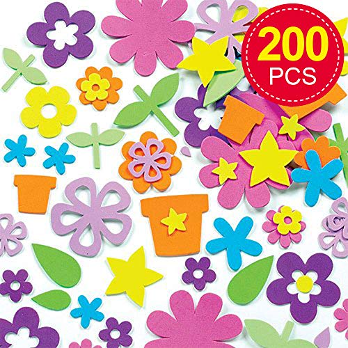 Baker Ross EK342 Self Adhesive Flower Garden Foam Stickers - Pack of 200, for Kids to Decorate Collage, Cards & Craft, 0.8cm-8.5cm, Assorted (EK342)