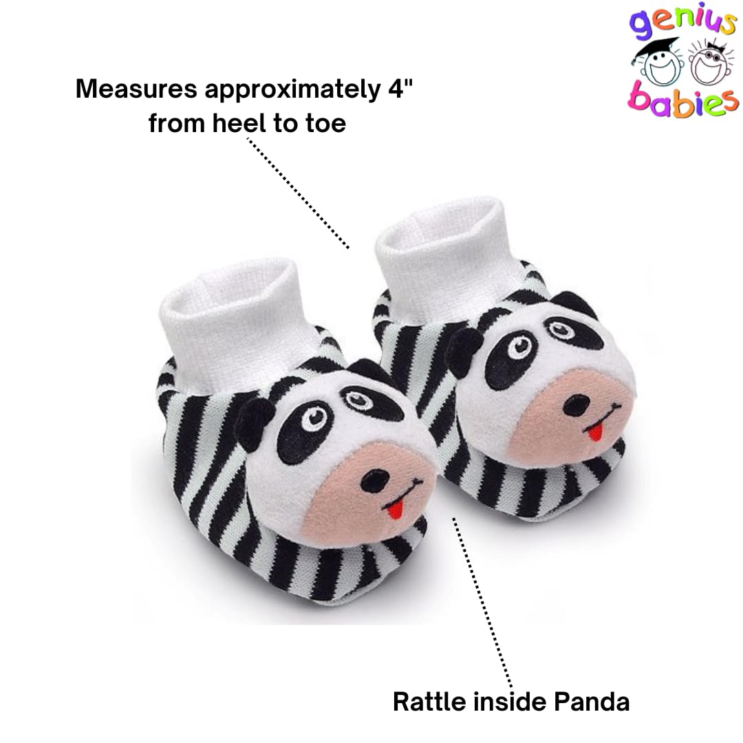 Genius Babies | Adorable Black & White Pair of Panda Baby Booties with Rattle Inside for Newborns and Infants