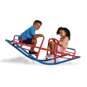 kid's metal rocking seesaw teeter totter with handlebars, weather resistant backyard playground equipment, max weight 140 lbs