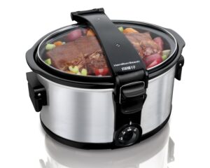 hamilton beach stay or go portable 7-quart slow cooker with lid lock for easy transport, dishwasher-safe crock, silver (33472)