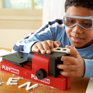 PLAYmake Kids’ 4-in-1 Woodshop Carpentry Cool Tool with Jigsaw, Lathe, Drill Press, Sander, Power Supply, Safety Goggles, Extra Supplies, and Deluxe Project Book