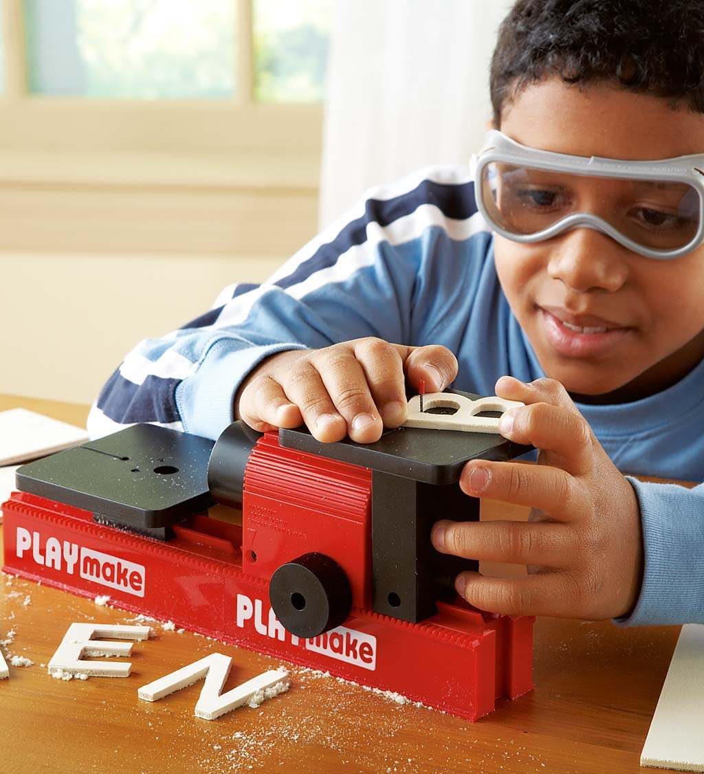 PLAYmake Kids’ 4-in-1 Woodshop Carpentry Cool Tool with Jigsaw, Lathe, Drill Press, Sander, Power Supply, Safety Goggles, Extra Supplies, and Deluxe Project Book