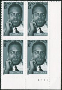 malcolm x ~ black heritage #3273 plate block of 4 x 33¢ us postage stamps