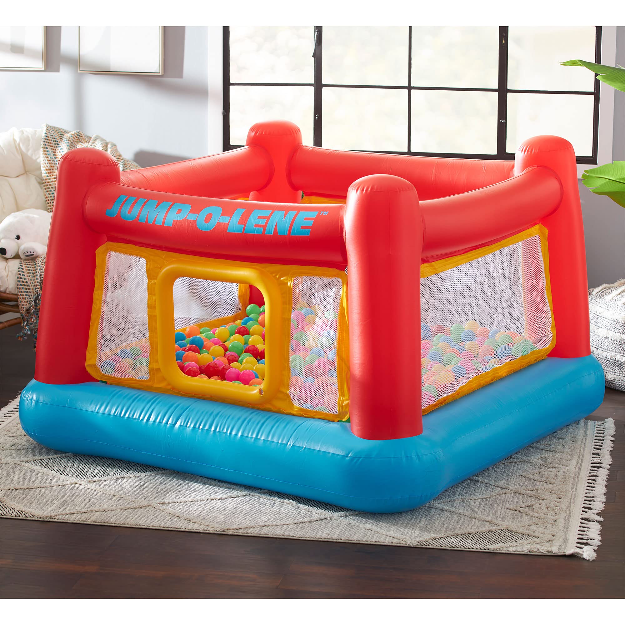 Intex Inflatable Jump-O-Lene Indoor or Outdoor Playhouse Trampoline Bounce Castle House with Crawl-Thru Door and Net for Kids Ages 3-6