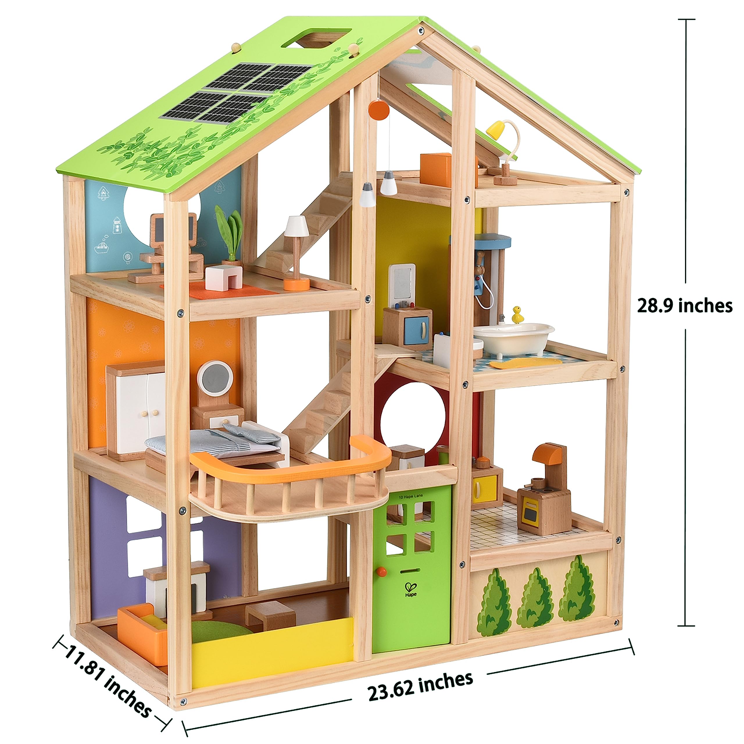 All Seasons Kids Wooden Dollhouse by Hape | Award Winning 3 Story Dolls House Toy with Furniture, Accessories, Movable Stairs and Reversible Season Theme L: 23.6, W: 11.8, H: 28.9 inch