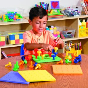 Fun Express Stack It Peg Game with Board - Toddler Activity - Occupational Therapy for Autism - 1 Board and 30 Pegs