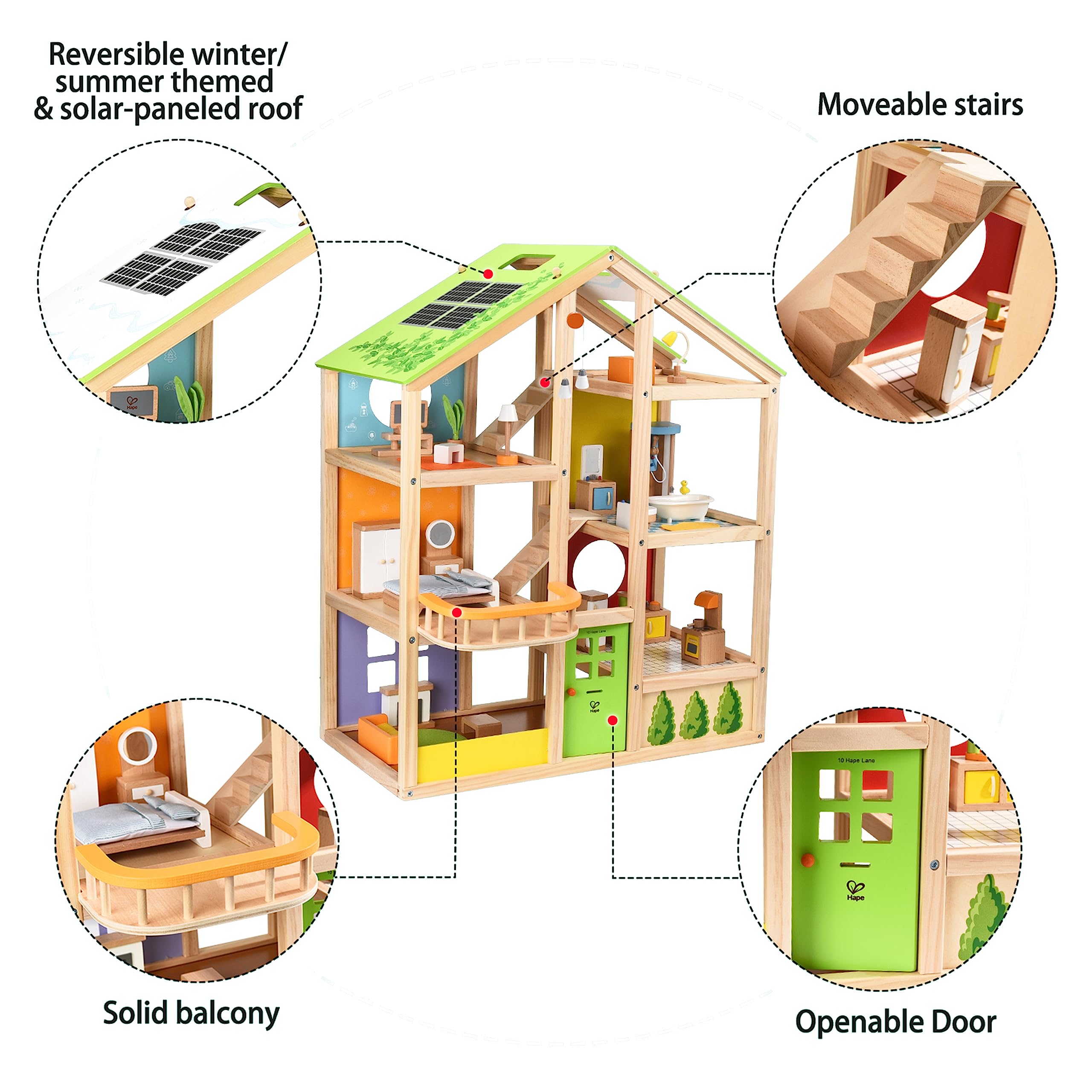 All Seasons Kids Wooden Dollhouse by Hape | Award Winning 3 Story Dolls House Toy with Furniture, Accessories, Movable Stairs and Reversible Season Theme L: 23.6, W: 11.8, H: 28.9 inch