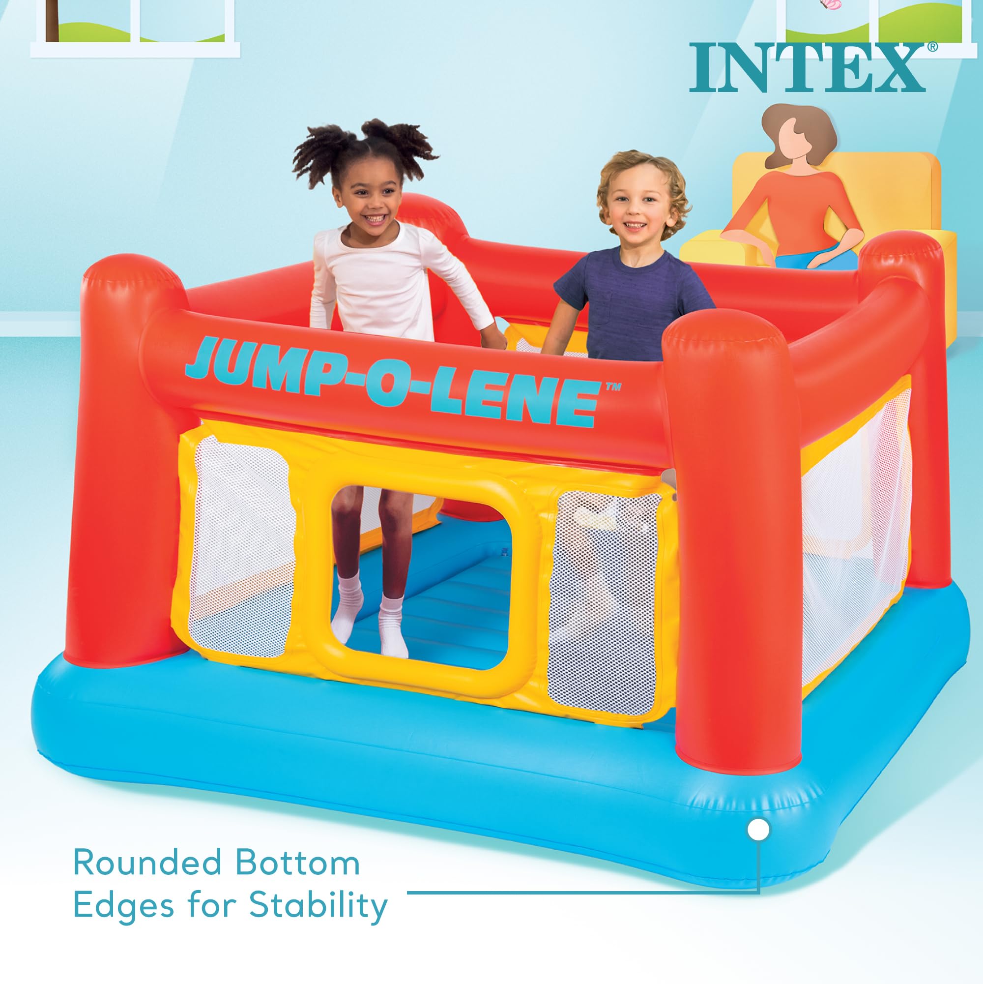 Intex Inflatable Jump-O-Lene Indoor or Outdoor Playhouse Trampoline Bounce Castle House with Crawl-Thru Door and Net for Kids Ages 3-6