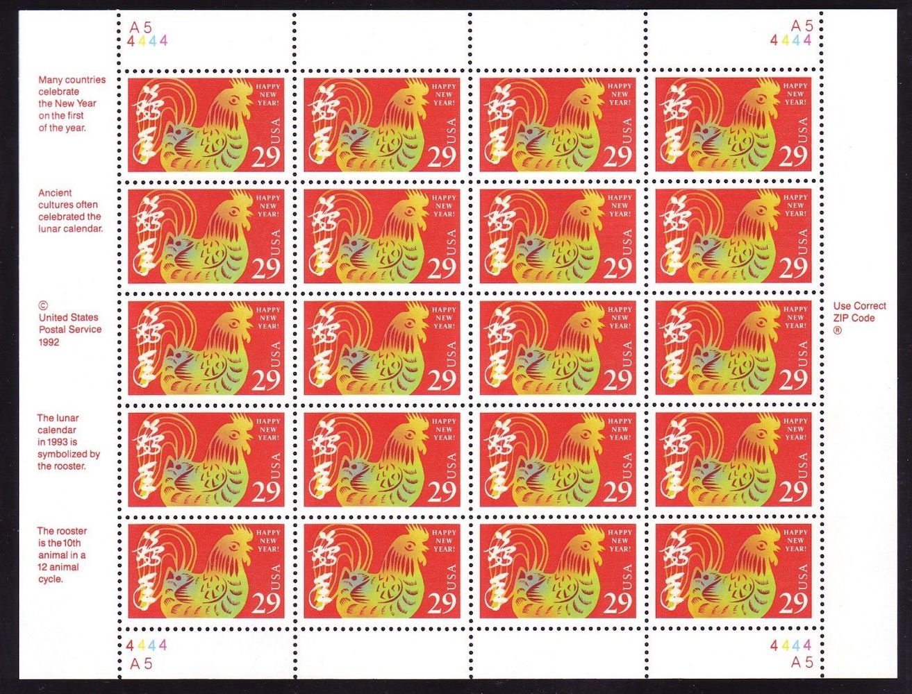 Year of the Rooster: Lunar New Year, Full Sheet of 20 x 29-Cent Postage Stamps, USA 1992, Scott 2720