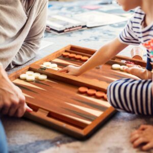 Yellow Mountain Imports Wooden Inlaid Backgammon Game Set, Pasadena - Classic Strategy Board Game Set with Acrylic Playing Pieces & Wooden Dice Cups, 15-inch Board