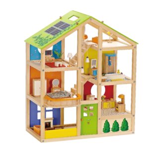 all seasons kids wooden dollhouse by hape | award winning 3 story dolls house toy with furniture, accessories, movable stairs and reversible season theme l: 23.6, w: 11.8, h: 28.9 inch