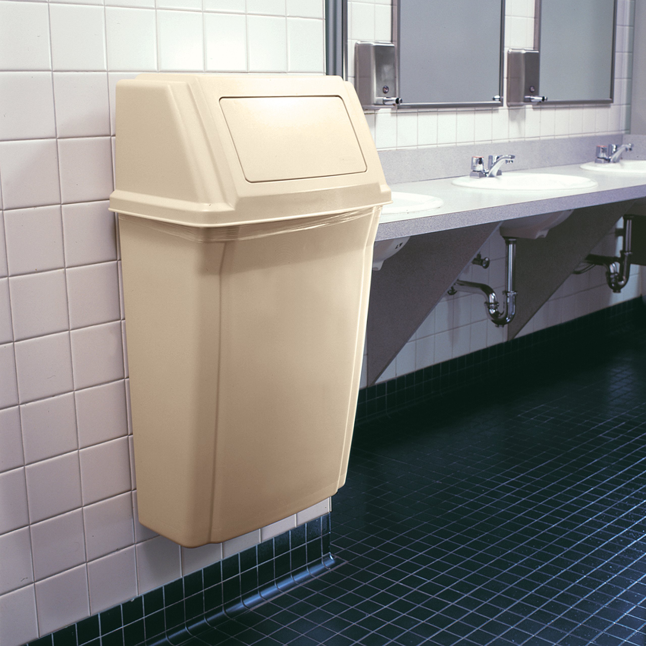 Rubbermaid Commercial Products Profile Wall Mount Trash/Garbage Can/Bin, 15 GAL, for Corridors/Washrooms/Schools/Kitchens, Beige