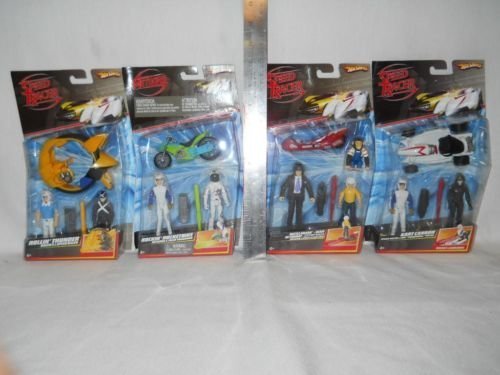 Hot Wheels Speed Racer Action Figure 2 Packs. The Four Included Speed Racer Two Packs are Rollin Thunder, Battle Board, Rockin Rocketbike, Kart Cannon. Includes Speed Racer (3), Pops, Spridle, Chim