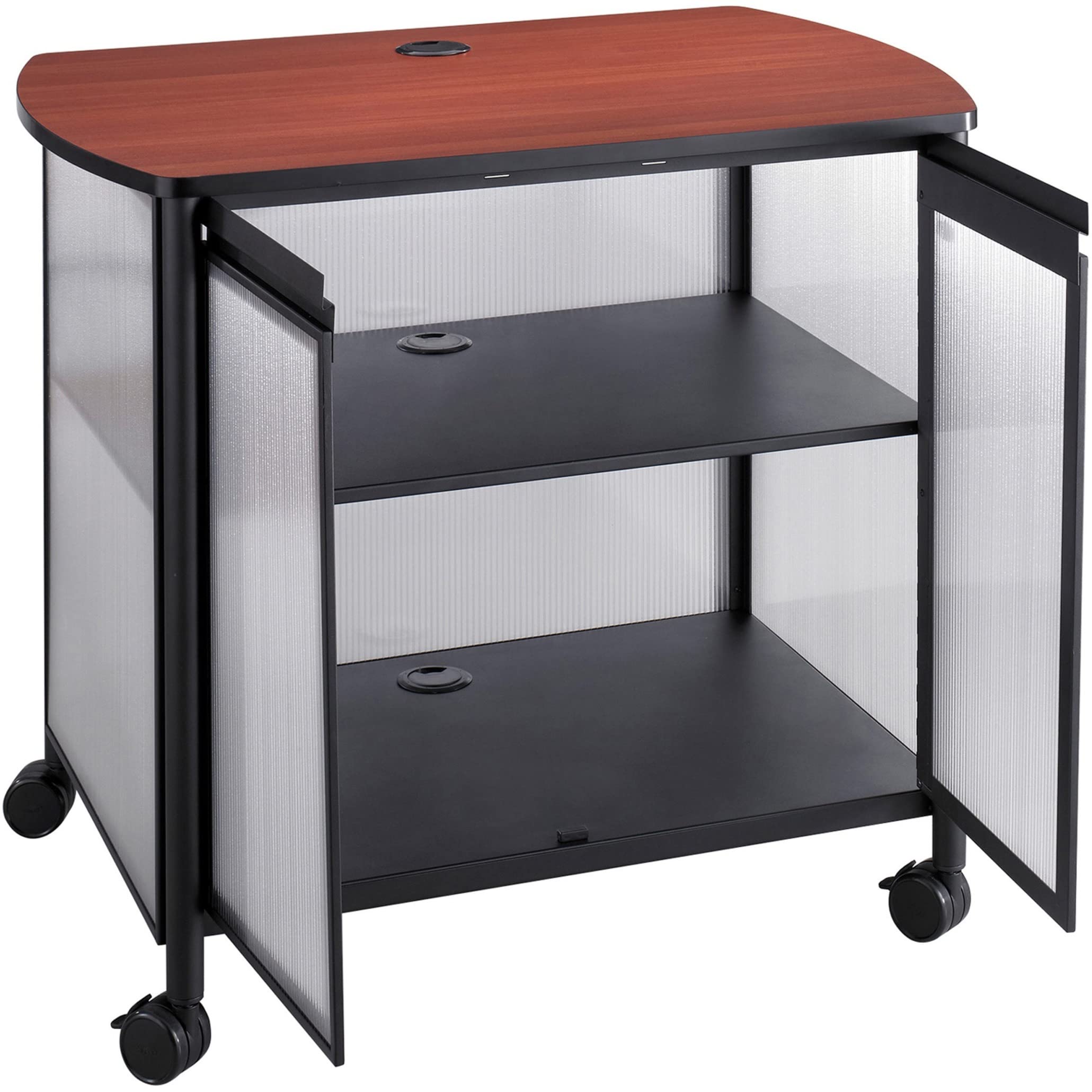 Safco Products 1859BL Impromptu Mobile Multi-Use Print Stand with Doors, Hide & Organize Supplies Cherry Top, Black Frame, Weight 200 lbs. Capacity, Contemporary Design, Swivel Mobile Wheels