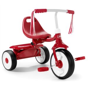 radio flyer toddler kids tricycle, folding trike with storage bin, fold 2 go, red