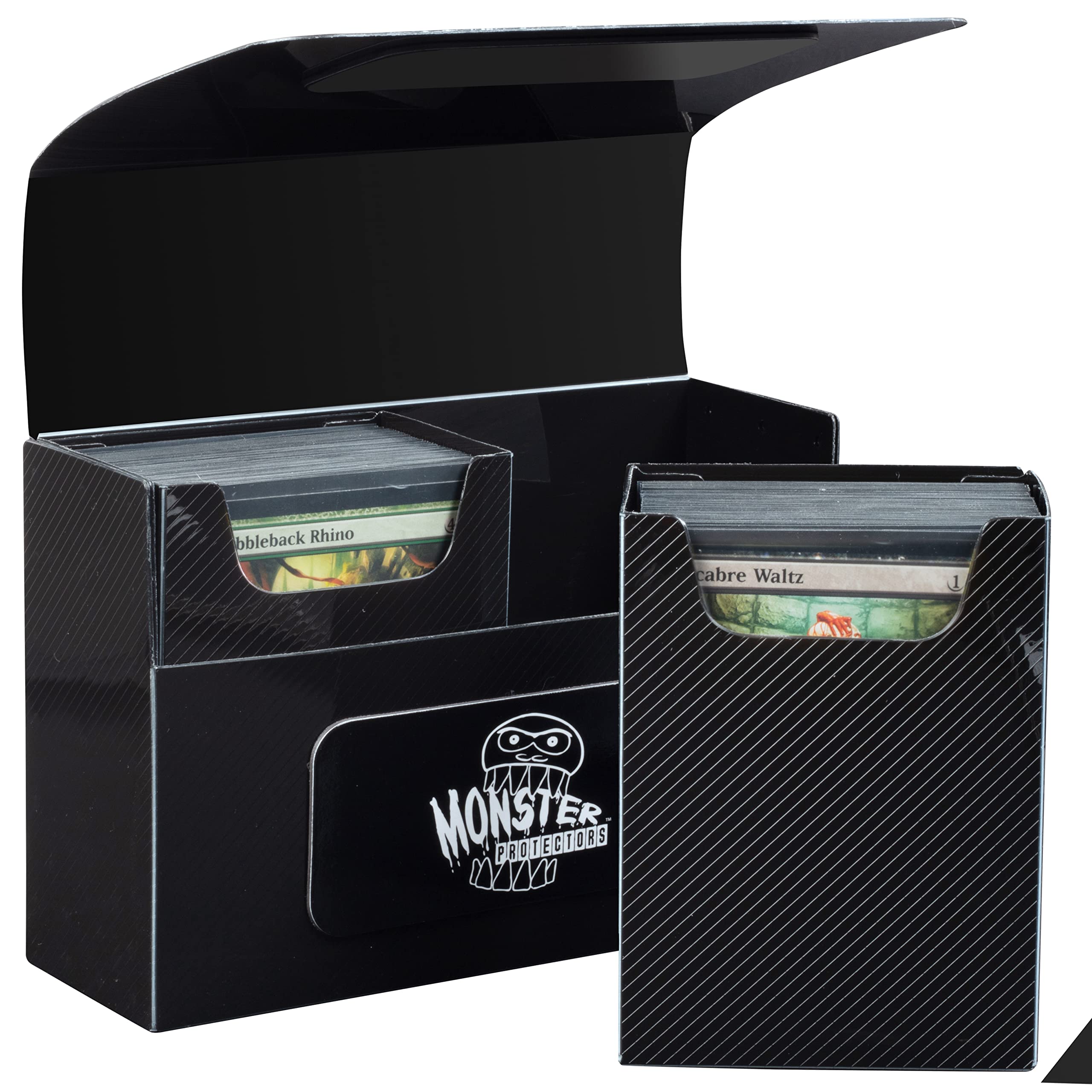 Monster Protectors Double Deck Box- Magnetic Locking Dual Trading Card Game Storage Case w Removable Compartments- Holds 150 cards- Fits all Standard and Smaller Size MTG and TCGs - Black