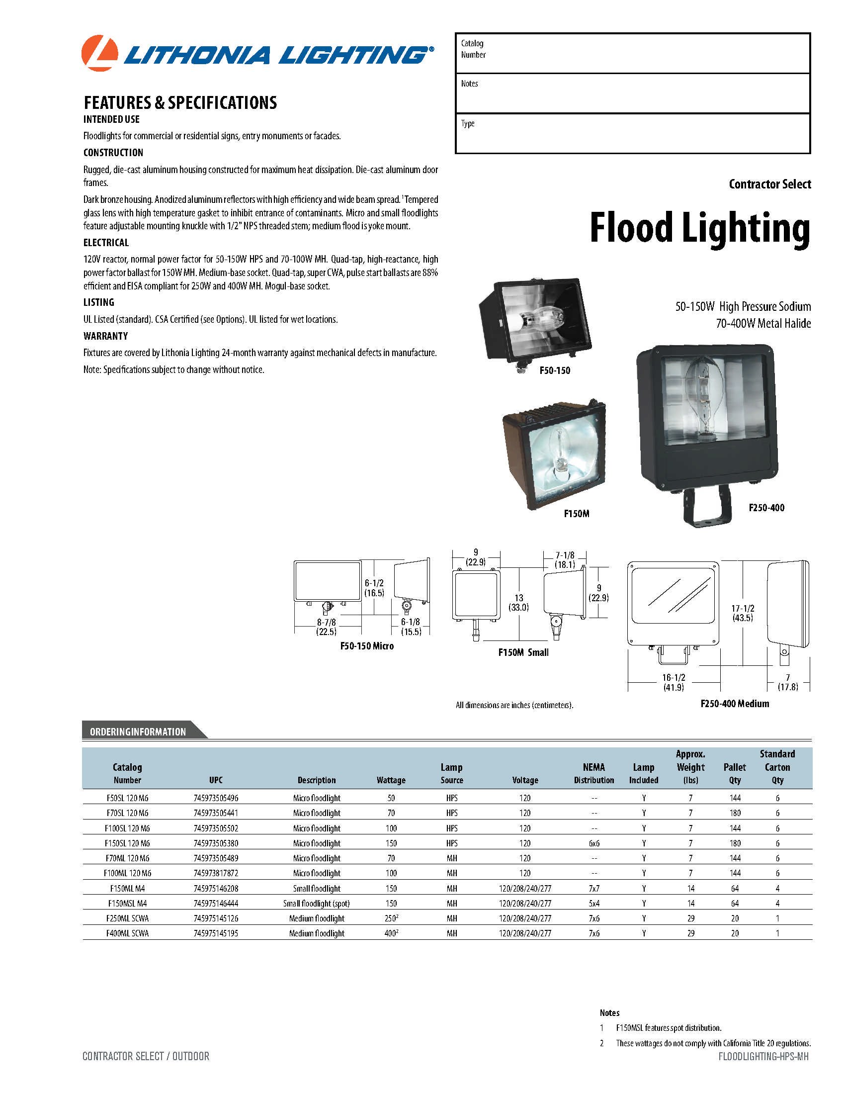 Lithonia Lighting F150SL 120 M6 1 Lamp 150W High Pressure Sodium Flood Light, Bronze