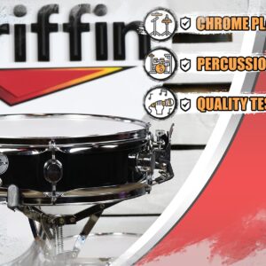 Piccolo Snare Drum 13" x 3.5" by GRIFFIN | 100% Poplar Wood Shell with Black PVC & White Coated Drum Head | Drummers Acoustic Marching Kit Percussion Instrument with Snare Strainer Throw Off Set